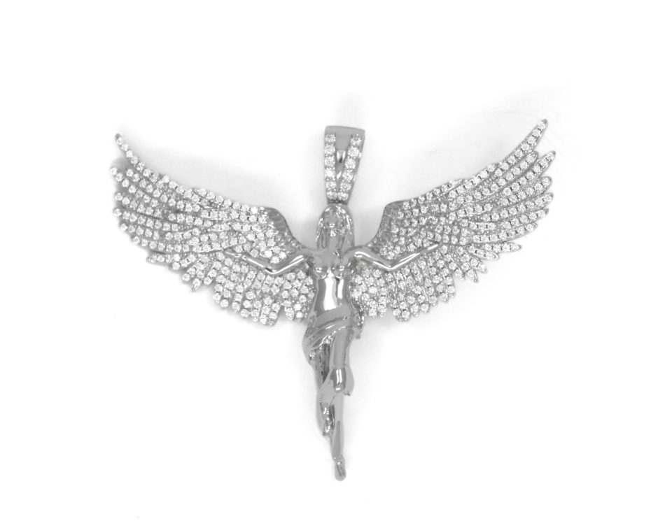 925 Sterling Silver Realistic Angel Pendant With CZ Set Wings ...